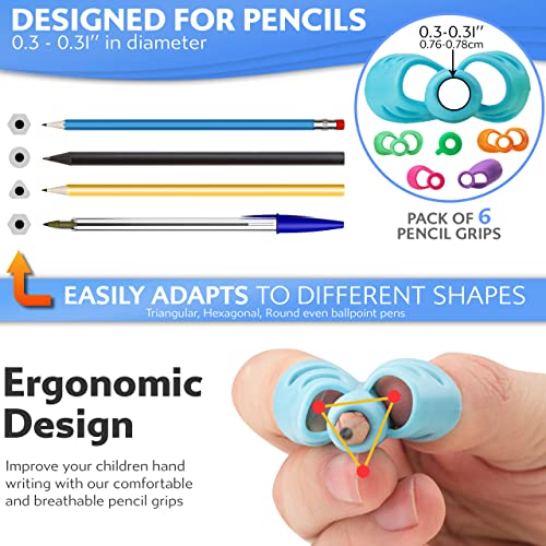 Stylo Pack of 6 Pencil Grips for Kids Handwriting, Perfect Pencil Holders for Kids Home Schooling and Preschool - Writing Tools for Kids, Assorted Pen Grips, Christmas Gifts