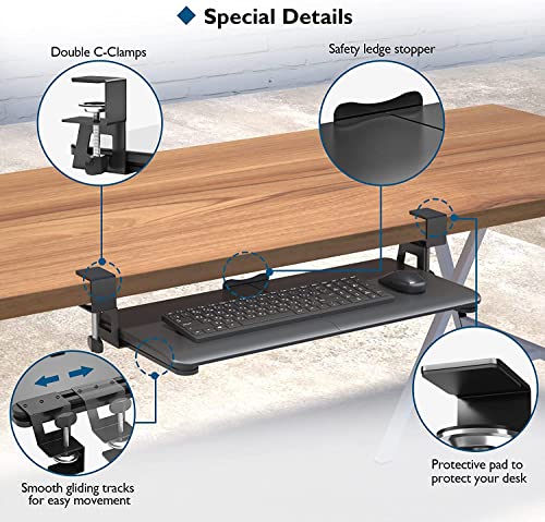 BONTEC Keyboard Tray Under Desk, Pull Out Keyboard & Mouse Tray with C Clamp, 25.6“(30” Including Clamps) x 11.8“ Steady Slide-Out Computer Drawer for Typing, Perfect for Home or Office