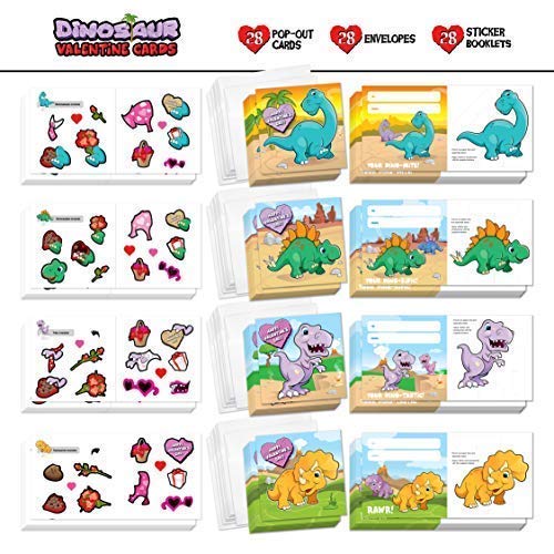 28-Pack Pop Out Dinosaur Valentines Day Cards with Envelopes & Sticker I Valentines Day Cards for Kids School I Valentines Day Gifts for Kids Party Favor I Exchange Valentines Cards for Kids Classroom