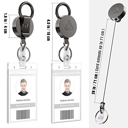 2 Pack Heavy Duty Metal Retractable Badge Holder Reel with Belt Clip Key Ring and Waterproof Vertical Clear ID Card Holder + 2 Extra Carabiner Key Chain Rings, 28 inches Strong Dyneema Pull Cord