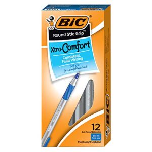 BIC Round Stic Grip Xtra Comfort Ballpoint Pen, Medium Point (1.2mm), Blue, 12-Count