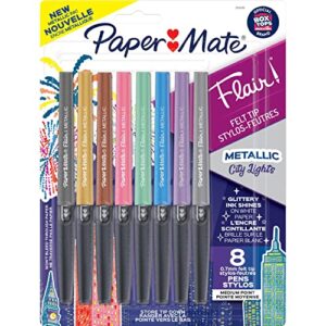 paper mate flair pens, metallic felt tip pens, city lights, glittery ink shines on white paper, assorted colors, 8 count