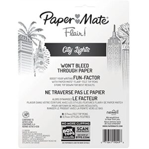 Paper Mate Flair Pens, Metallic Felt Tip Pens, City Lights, Glittery Ink Shines on White Paper, Assorted Colors, 8 Count