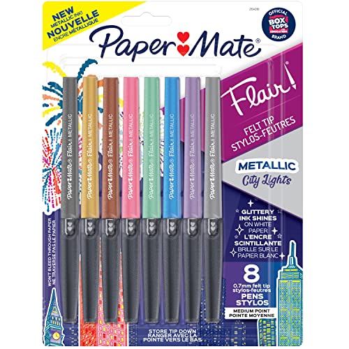 Paper Mate Flair Pens, Metallic Felt Tip Pens, City Lights, Glittery Ink Shines on White Paper, Assorted Colors, 8 Count