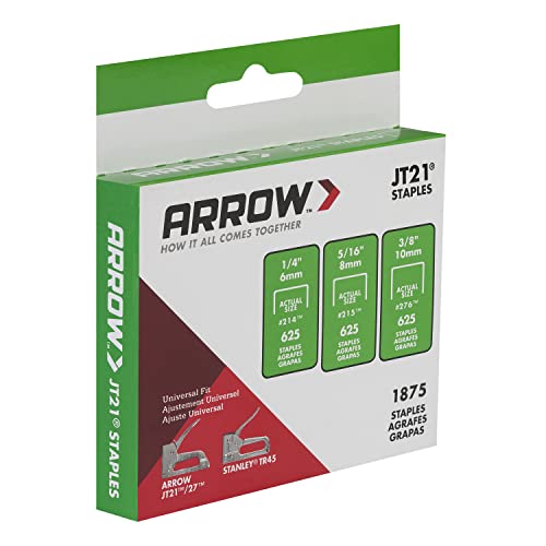 Arrow 21MP1 JT21 Thin Wire Staples Multipack for Staple Guns and Staplers, Use for Upholstery, Crafts,General Repairs, Includes 1/4-Inch, 5/16-Inch, and 3/8-Inch Sizes, 1875-Pack,(Packaging May Vary)