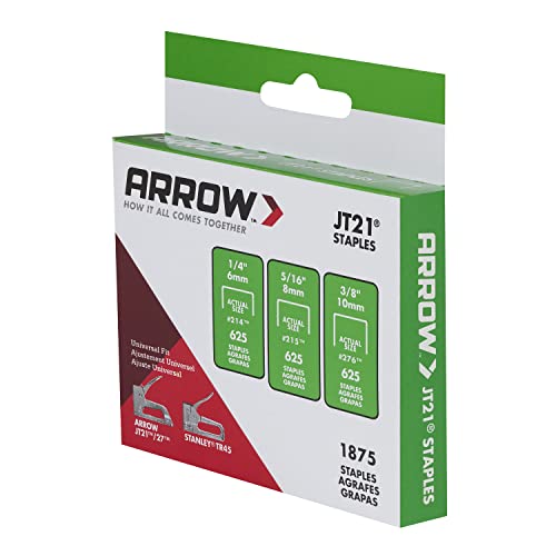 Arrow 21MP1 JT21 Thin Wire Staples Multipack for Staple Guns and Staplers, Use for Upholstery, Crafts,General Repairs, Includes 1/4-Inch, 5/16-Inch, and 3/8-Inch Sizes, 1875-Pack,(Packaging May Vary)