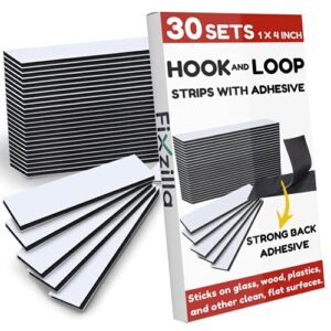 fixzilla 30 sets hook and loop strips with adhesive – 1×4 inch – strong back adhesive fasteners tape, black