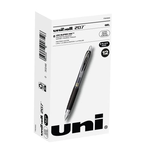 Black Retractable Gel Pens 12 Pack with Micro Points, Uni-Ball 207 Signo Click Pens are Fraud Proof and the Best Office Pens, Nursing Pens, Business Pens, School Pens, and Bible Pens