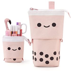 angoobaby standing pencil case cute telescopic pen holder kawaii stationery pouch makeup cosmetics bag for school students office women teens girls boys (pink)