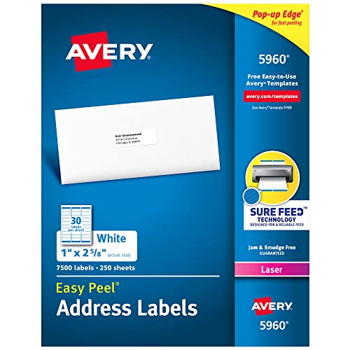 Avery Address Labels with Sure Feed for Laser Printers, 1" x 2-5/8", 7,500 Labels (5960),White