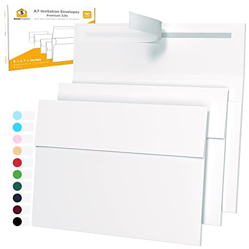 5x7 Envelopes for Invitations - 110 White Envelopes for 5x7 Cards - A7 - (5 ¼ x 7 ¼ inches) - Perfect for Weddings, Graduation, Baby Shower - 120 GSM - Peel, Press & Self Seal - Square Flap