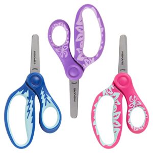 fiskars kids scissors, scissors for school, blunt tip scissors, 5 inch, softgrip, 3 pack (blue, purple, pink)