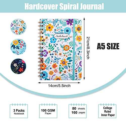 EOOUT 3 Pack Spiral Notebook, Journal for Women, Hardcover Spiral Journal, 6"x 8.5", 160 Pages, Cute Blooming Floral, Back Pocket, 100gsm Paper, for Gifts, Office, School Supplies