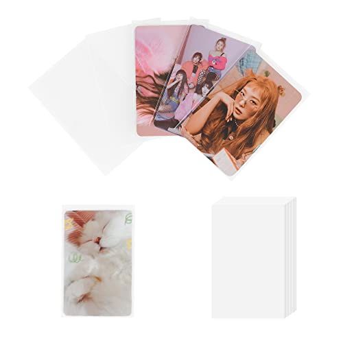 Baskiss 100 Packs Photocard Sleeves, 59 x 90 mm 200 Microns Kpop Clear Sleeves Idol Photo Cards Transparent Protector Trading Cards Shield Cover (Unsealable)