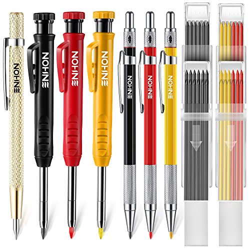 Mechanical Carpenter Pencils Set with Marker Refills and Carbide Scriber Tool, Solid Deep Hole Woodworking Pencils Marker Marking Tools with Built in Sharpener for Architect Construction