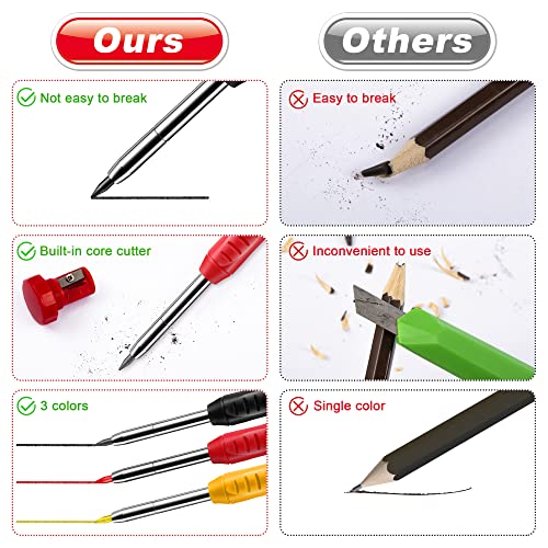 Mechanical Carpenter Pencils Set with Marker Refills and Carbide Scriber Tool, Solid Deep Hole Woodworking Pencils Marker Marking Tools with Built in Sharpener for Architect Construction