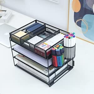 Marbrasse 4-Trays Desktop File Organizer with Pen Holder | Paper Letter Tray with Drawer and 2 Pen Holder | Mesh Office Supplies Desk Organizer for Home Office (Black)