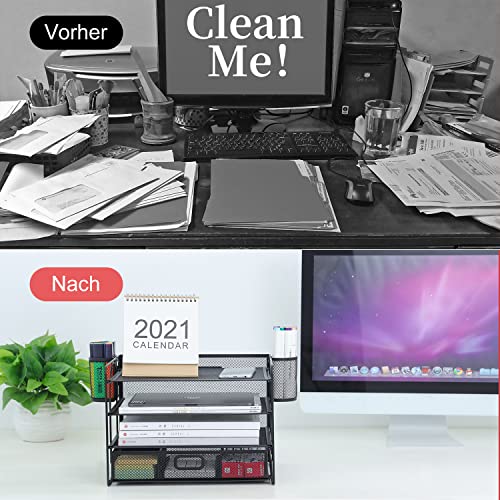 Marbrasse 4-Trays Desktop File Organizer with Pen Holder | Paper Letter Tray with Drawer and 2 Pen Holder | Mesh Office Supplies Desk Organizer for Home Office (Black)