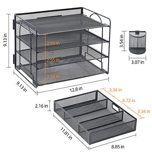 Marbrasse 4-Trays Desktop File Organizer with Pen Holder | Paper Letter Tray with Drawer and 2 Pen Holder | Mesh Office Supplies Desk Organizer for Home Office (Black)