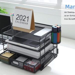 Marbrasse 4-Trays Desktop File Organizer with Pen Holder | Paper Letter Tray with Drawer and 2 Pen Holder | Mesh Office Supplies Desk Organizer for Home Office (Black)