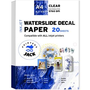 printers jack water slide decal paper inkjet 20 sheets a4 size premium water slide transfer paper clear transparent printable waterslide paper for tumblers, mugs, glasses diy