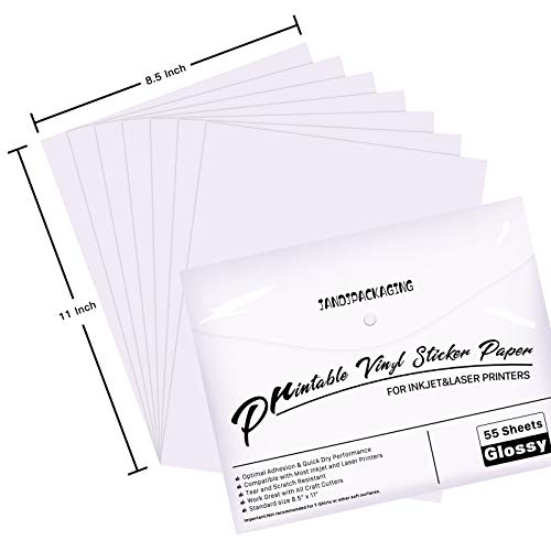 Premium Printable Vinyl Sticker Paper - for Inkjet and Laser Printer - 55 Pack Glossy White Waterproof Inkjet Printable Vinyl - Dries Quickly and Holds Ink Beautifully JANDJPACKAGING