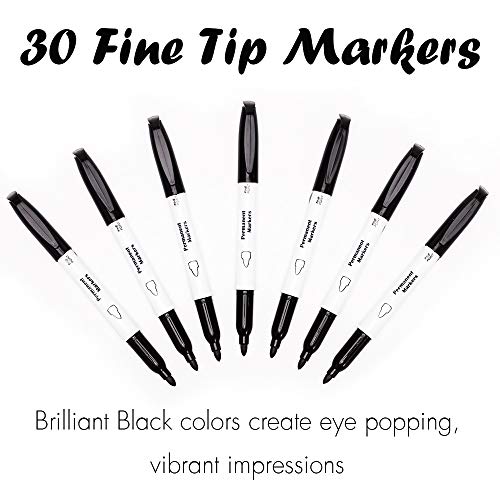 Permanent Markers Pen, Black Fine Point Tip Permanent Marker Pens Set for Writing Doodling Marking, 30 Count