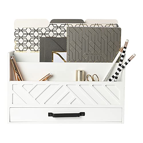 White Wood Desk Organizers and Storage with Drawer - Bill Mail Organizer and Mail Holder for Countertop and Kitchen - Desk Accessories & Workspace Organizers by Blu Monaco