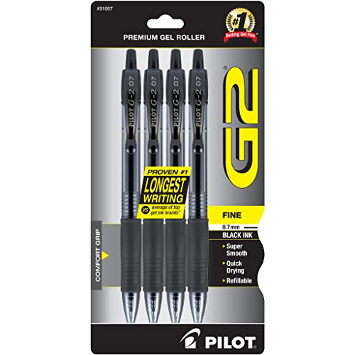 PILOT G2 Premium Refillable and Retractable Rolling Ball Gel Pens, Fine Point, Black Ink, 4-Pack (31057)