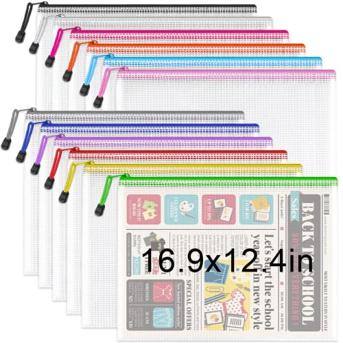 Umriox Zipper Pouch, 16.9x12.4 in (12 Colors, 12 Packs), Extra Large Zipper Bags, Waterproof Zipper Pouches for School Office Supplies, Puzzles, Board Game Storage & Cross Stitch Projects