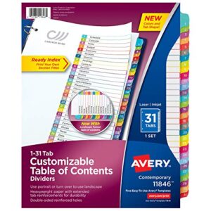 avery 31-tab dividers for 3 ring binders, customizable table of contents, multicolor tabs, 1 set (11846)