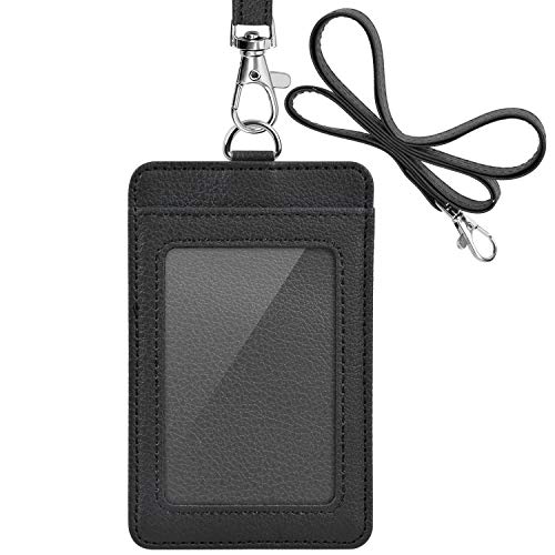 PU Leather ID Badge Holder, Life-Mate ID Badge Holder with 1 Clear ID Window 1 Credit Card Slot and PU Leather Lanyard for Badge Credit Cards College ID Cards in Black