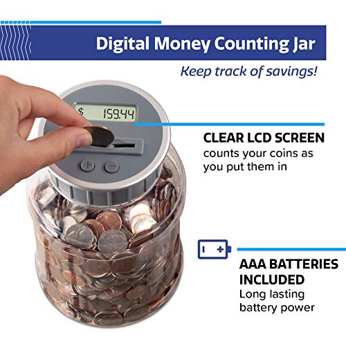 M&R Digital Counting Coin Bank. Batteries Included! Personal Coin Counter/Money Counting jar, totals up Your Savings- Works with All U.S. Coins-in Retail Packaging.