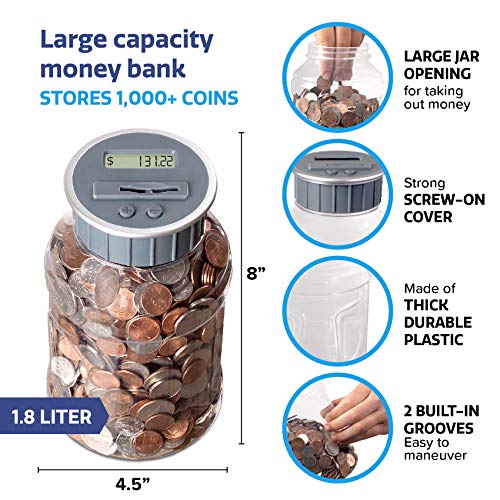 M&R Digital Counting Coin Bank. Batteries Included! Personal Coin Counter/Money Counting jar, totals up Your Savings- Works with All U.S. Coins-in Retail Packaging.