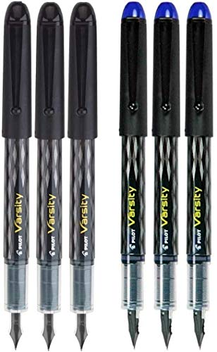 Pilot Varsity Disposable Fountain 6 Pack Combo, 3 Black and 3 Blue Pens