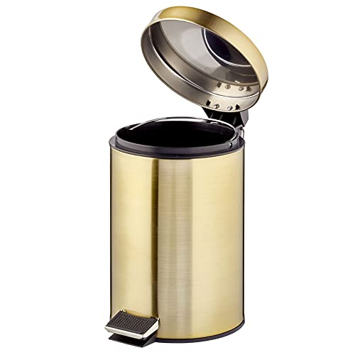 mDesign 3 Liter Round Small Metal Step Trash Can Wastebasket, Garbage Container Bin - for Bathroom, Powder Room, Bedroom, Kitchen, Craft Room, Office - Removable Liner Bucket - Soft Brass