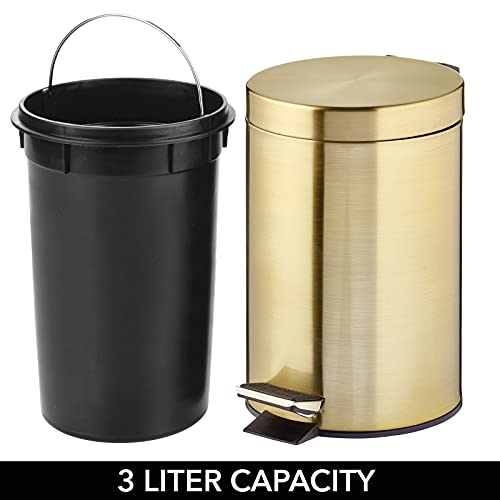 mDesign 3 Liter Round Small Metal Step Trash Can Wastebasket, Garbage Container Bin - for Bathroom, Powder Room, Bedroom, Kitchen, Craft Room, Office - Removable Liner Bucket - Soft Brass