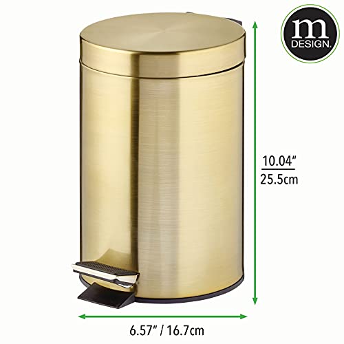 mDesign 3 Liter Round Small Metal Step Trash Can Wastebasket, Garbage Container Bin - for Bathroom, Powder Room, Bedroom, Kitchen, Craft Room, Office - Removable Liner Bucket - Soft Brass