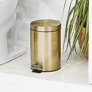 mDesign 3 Liter Round Small Metal Step Trash Can Wastebasket, Garbage Container Bin - for Bathroom, Powder Room, Bedroom, Kitchen, Craft Room, Office - Removable Liner Bucket - Soft Brass