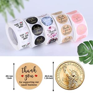 Thank You Stickers Rolls, 2500Pcs 1 Inch Thank You for Supporting My Small Business Envelope Seals, 5 Rolls 12 Patterns Small Thank You Stickers for Wedding, Birthday, Party Gift Wrap Bag