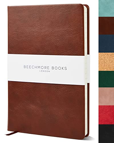 BEECHMORE BOOKS Ruled Notebook - British A5 Journal Large 5.75" x 8.25" Hardcover Vegan Leather, Thick 120gsm Cream Lined Paper | Gift Box | Chestnut Brown