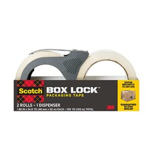 scotch box lock packaging tape, 2 rolls with 1 refillable dispenser, 1.88 in x 54.6 yd, extreme grip, sticks instantly to any box