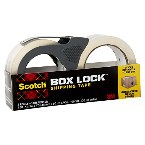 Scotch Box Lock Packaging Tape, 2 Rolls with 1 Refillable Dispenser, 1.88 in x 54.6 yd, Extreme Grip, Sticks Instantly to Any Box