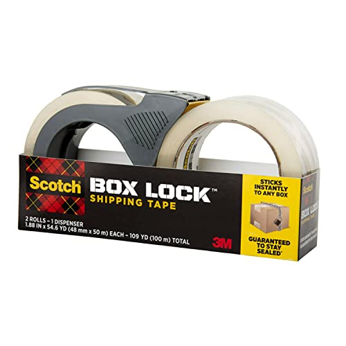 Scotch Box Lock Packaging Tape, 2 Rolls with 1 Refillable Dispenser, 1.88 in x 54.6 yd, Extreme Grip, Sticks Instantly to Any Box