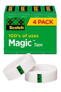 scotch magic tape, 4 rolls, numerous applications, invisible, engineered for repairing, 3/4 x 1000 inches, boxed (810k4), transparent