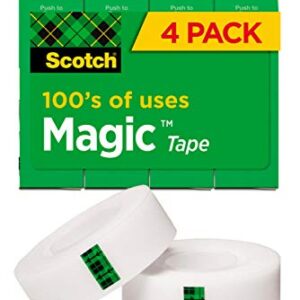 Scotch Magic Tape, 4 Rolls, Numerous Applications, Invisible, Engineered for Repairing, 3/4 x 1000 Inches, Boxed (810K4), Transparent