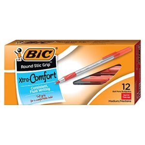 bic round stic grip xtra comfort ballpoint pen, medium point (1.2mm), red, 12-count