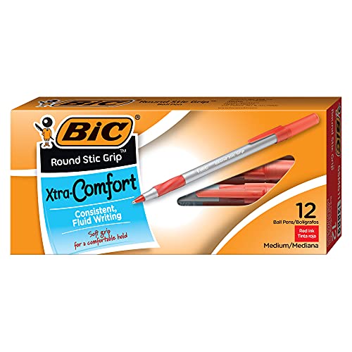 BIC Round Stic Grip Xtra Comfort Ballpoint Pen, Medium Point (1.2mm), Red, 12-Count