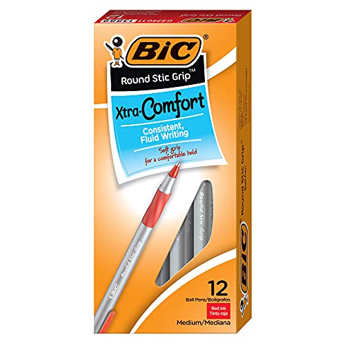 BIC Round Stic Grip Xtra Comfort Ballpoint Pen, Medium Point (1.2mm), Red, 12-Count