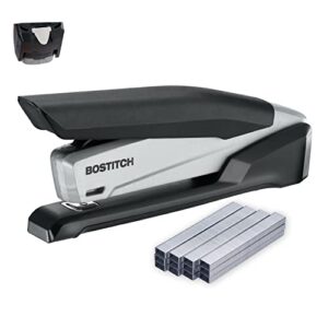 bostitch office executive 3 in 1 stapler, one finger stapling, no effort, 20 sheet capacity, integrated staple remover, spring powered stapler, black/gray